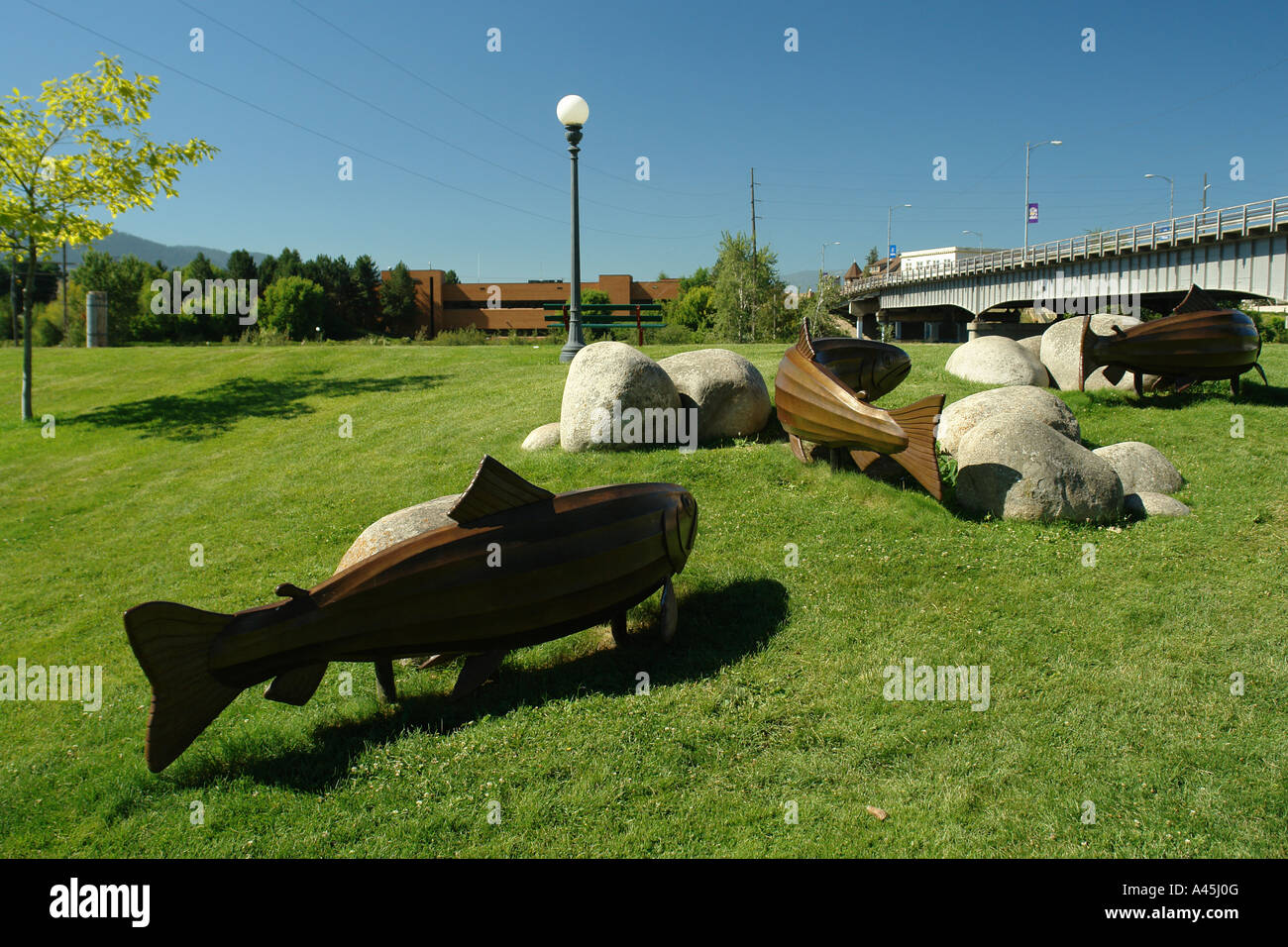 AJD56422, Missoula, MT, Montana, Clark Fork River, salmon statues Stock ...