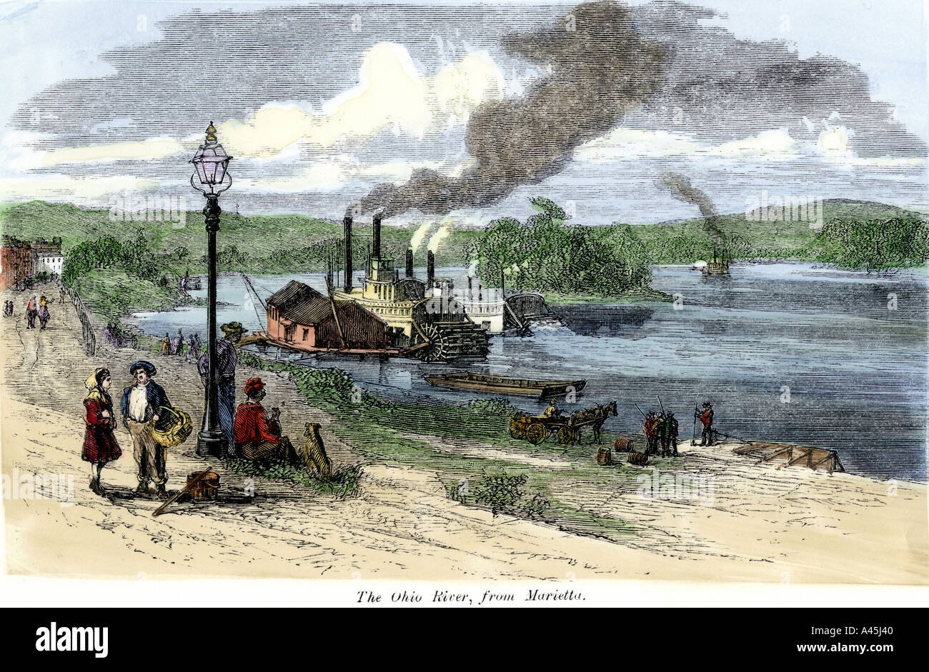 Steamboats on the Ohio River at Marietta Ohio 1870s. Hand-colored ...