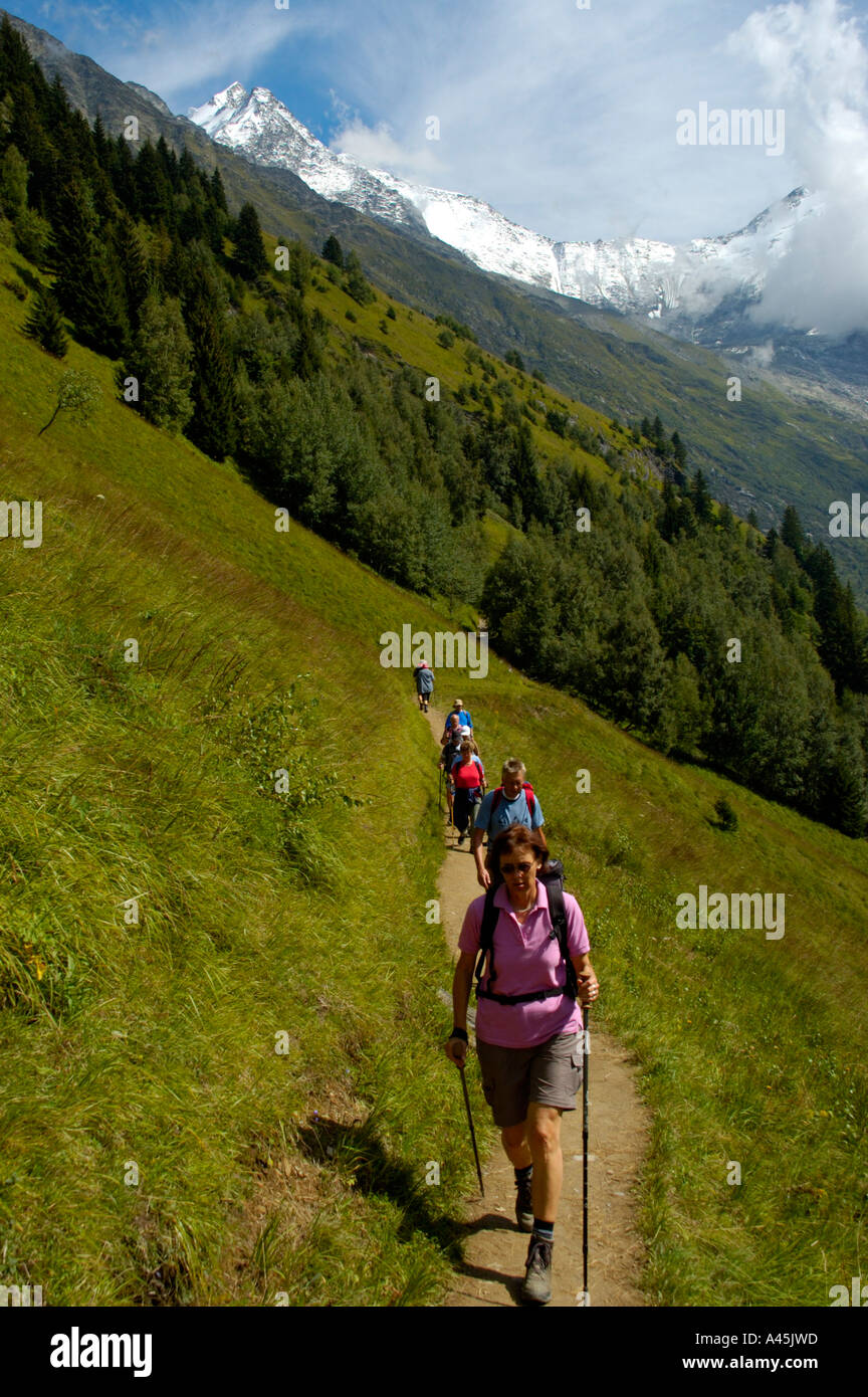 MR Hiking group one after another on a path crossing a grassy slope ...