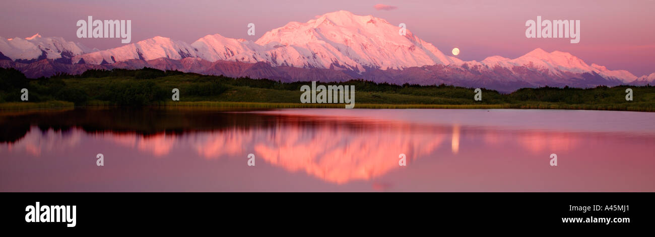 The full moon and Mt McKinley from Reflection Pond Denali National Park ...