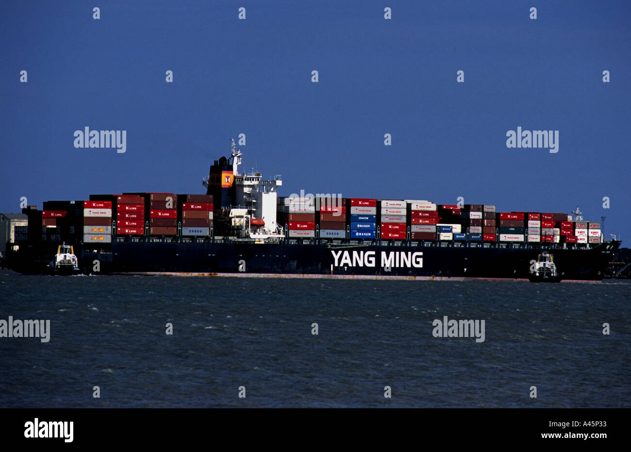 Yang Ming container ship arrives at the Port Of Felixstowe in Suffolk ...
