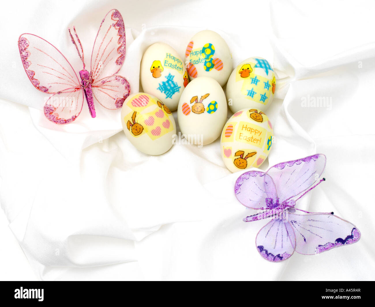 Easter Eggs with Transfers and Butterflies on Silk Stock Photo - Alamy