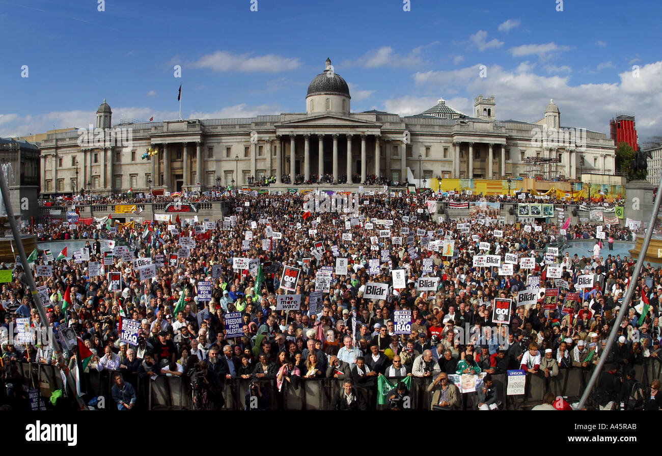 demonstrators listen to speeches at an anti war rally in trafalgar ...