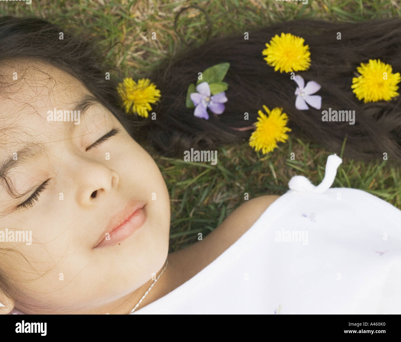 Sleeping girl with flowers in her hair Stock Photo - Alamy
