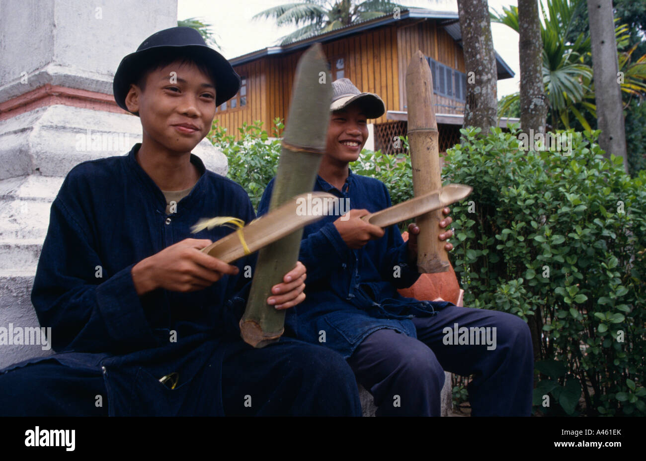 LAOS Southeast Asia Luang Prabang Young musicians playing bamboo ...
