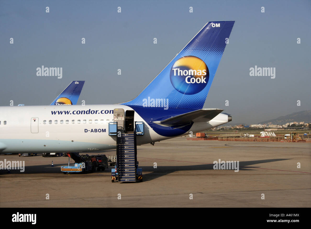 A Thomas Cook plane at the airport in Palma de Majorca, Spain Stock ...