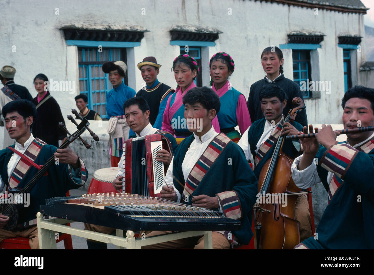 China Tibet People Village orchestra musicians with instruments and ...
