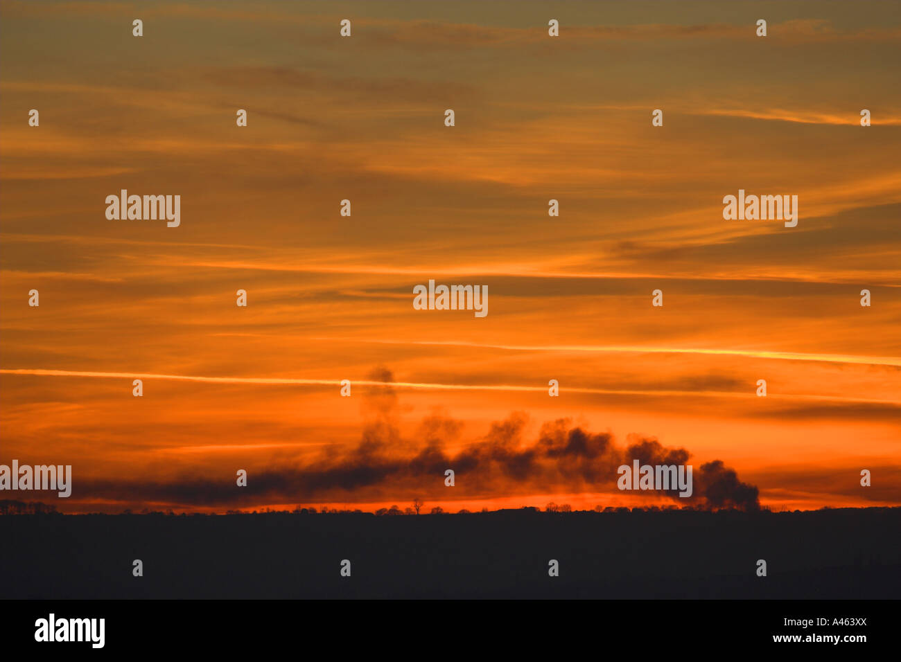 Sunset with smoke from fire looking west from Todwick, South Yorkshire ...