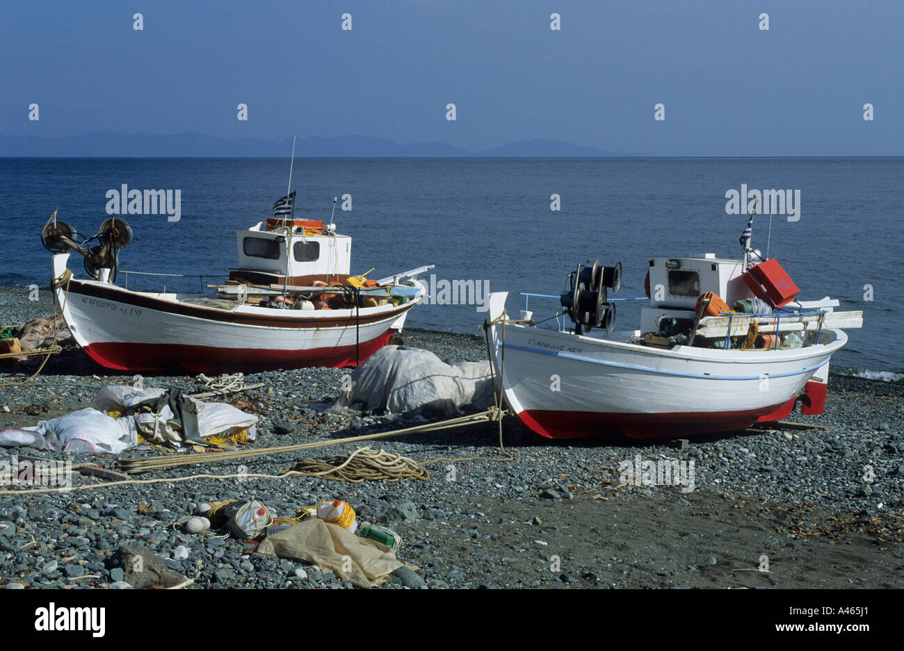 Fishing boats on the beach, Samothraki Islands, Thrakia, Greece Stock ...