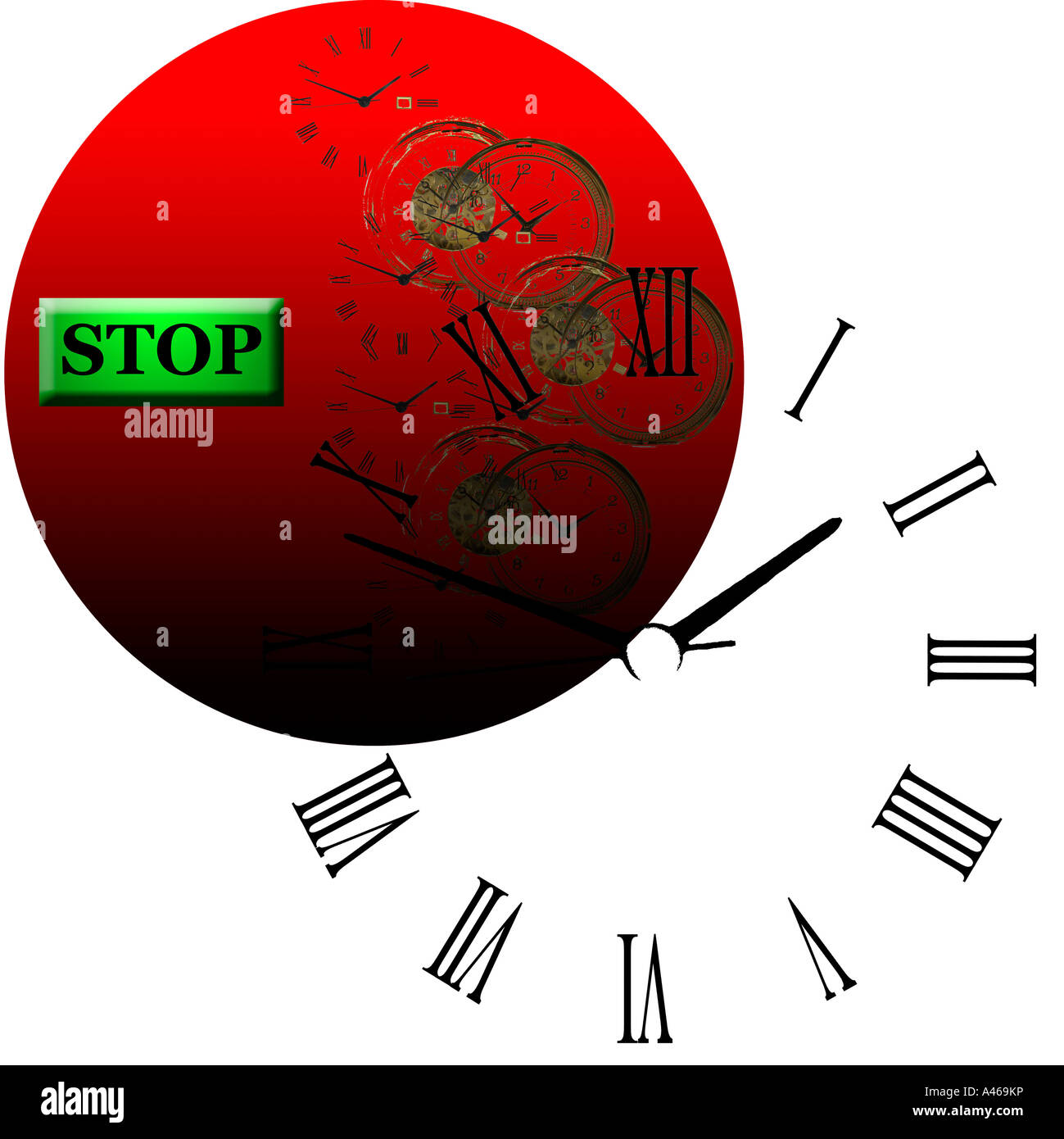 Red circle with green stop sign. clock movements floating in circle, with clock face ...