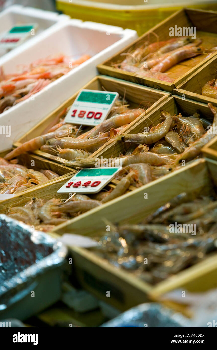 Shellfish on sale in boxes, Mercado de la Rivera, Bilbao, Pais Vasco ...