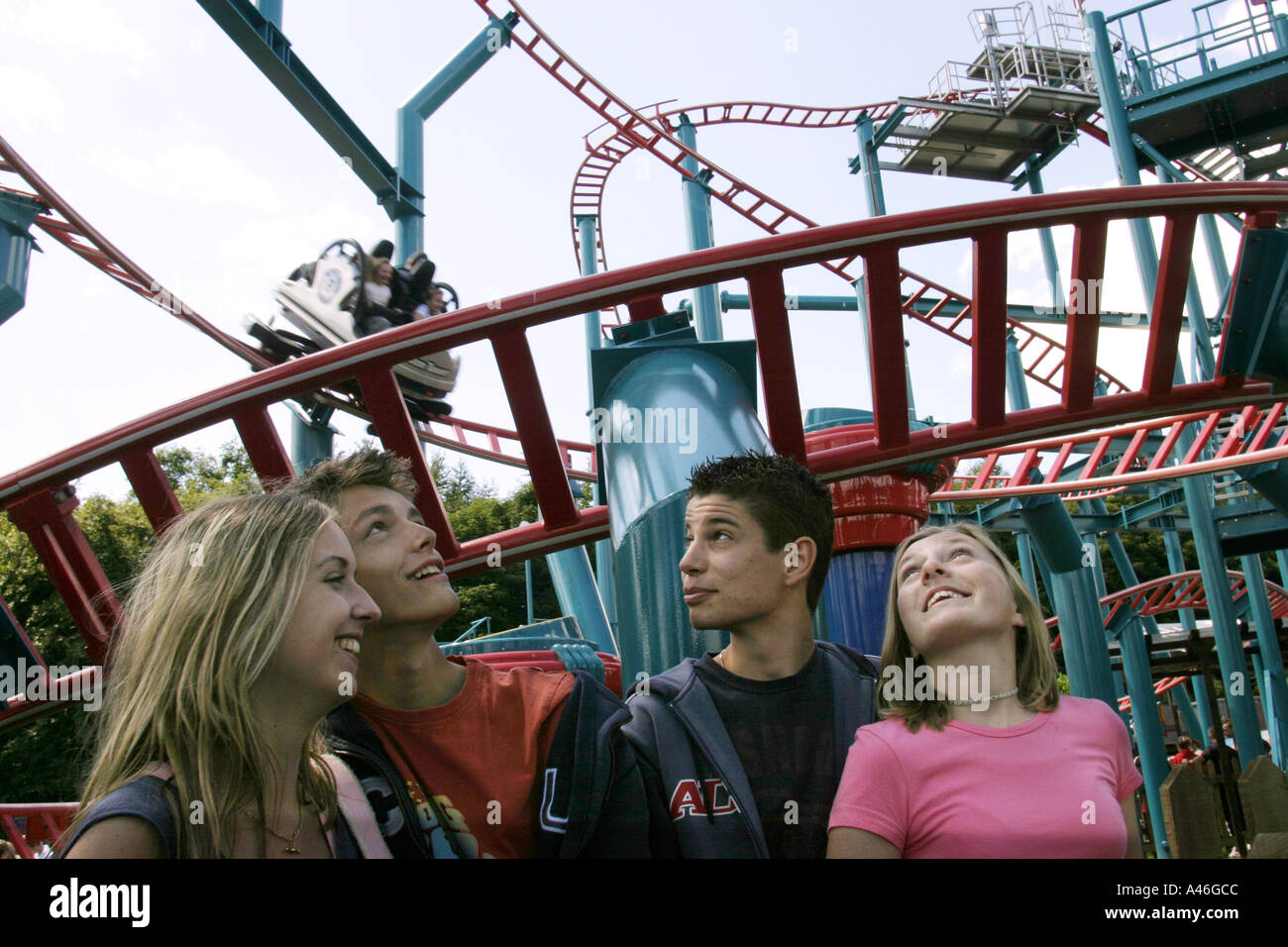 visitors in a queue for the Spinball Whizzer ride at Alton Towers ...