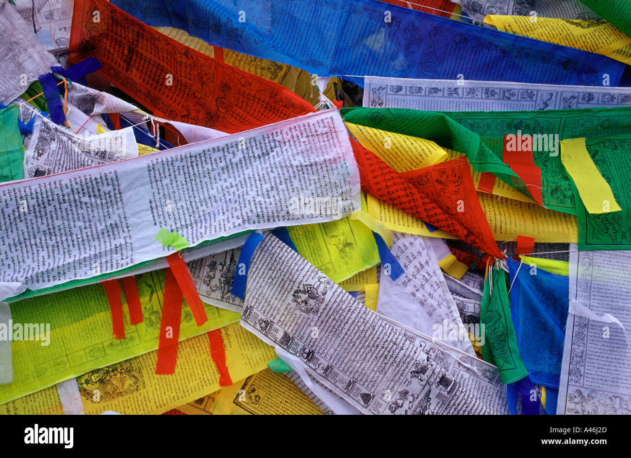 Closeup view of bundle of prayer flags located near Mount Everest on ...