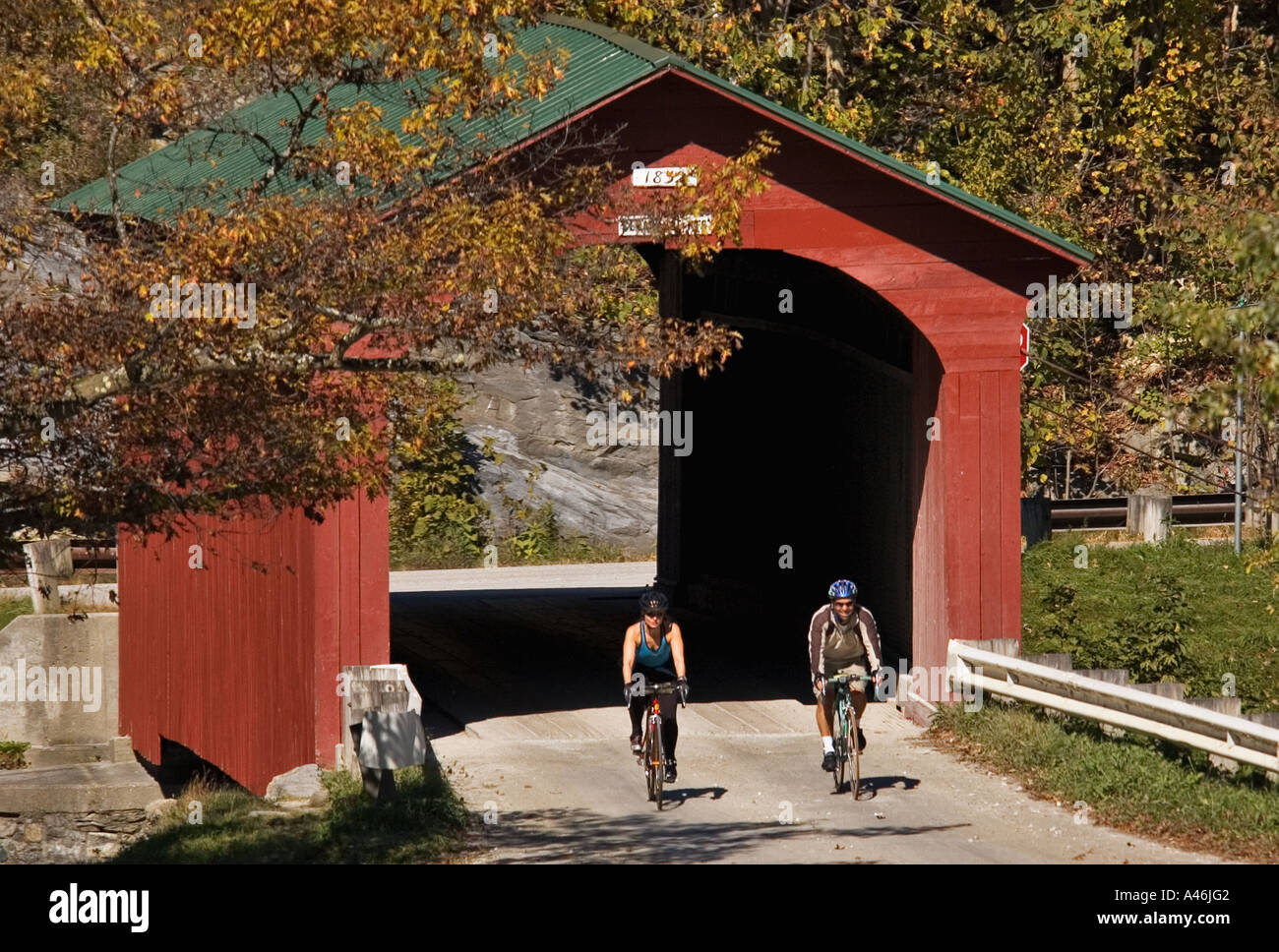 Bicyclists Riding Through West Arlington Covered Bridge Near West ...