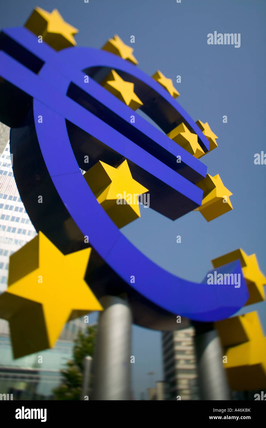 Euro sculpture in front of the European Central Bank building in ...