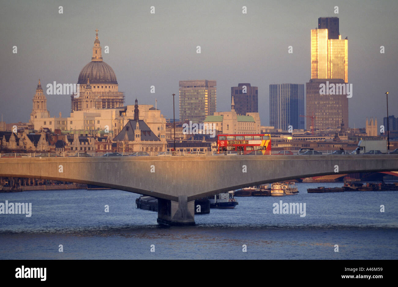 A view of Waterloo Bridge crossing the River Thames in London, showing ...