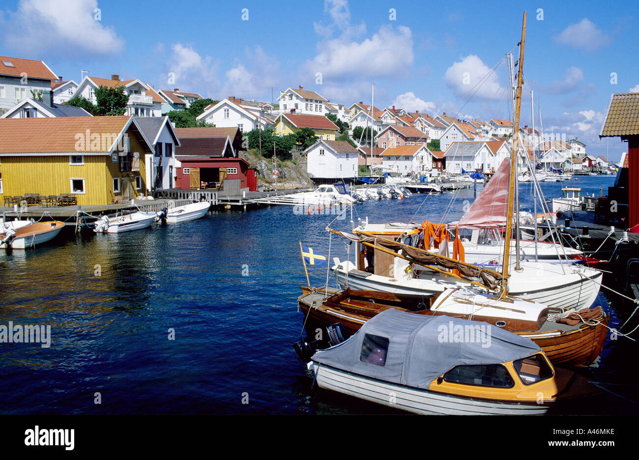 Small harbor with boats on Island of Gullholmen. Bohuslän, Sweden Stock ...