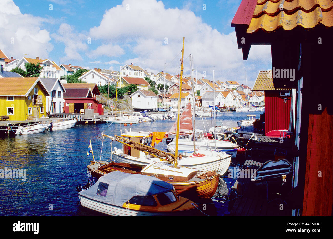 Small harbor with boats on Island of Gullholmen. Bohuslän, Sweden Stock ...