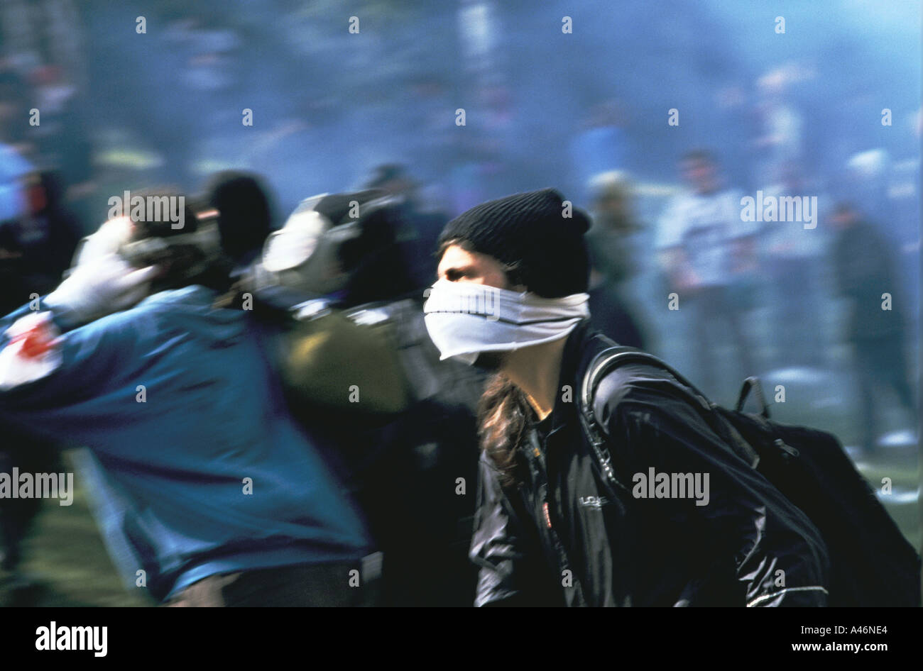 Rioters run at police lines at the anti globalisation riots during 55th ...