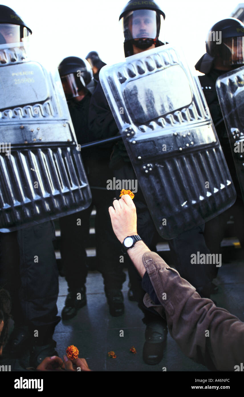 protester hands riot police a flower at the anti globalisation riots ...