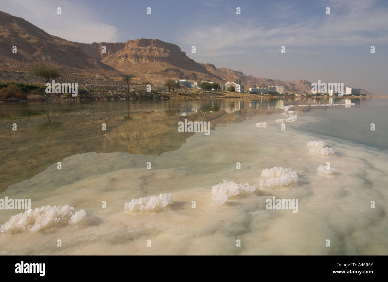 Israel Dead Sea Ein Bokek hotel resort view with sea and salt formations in frgd hotels and ...