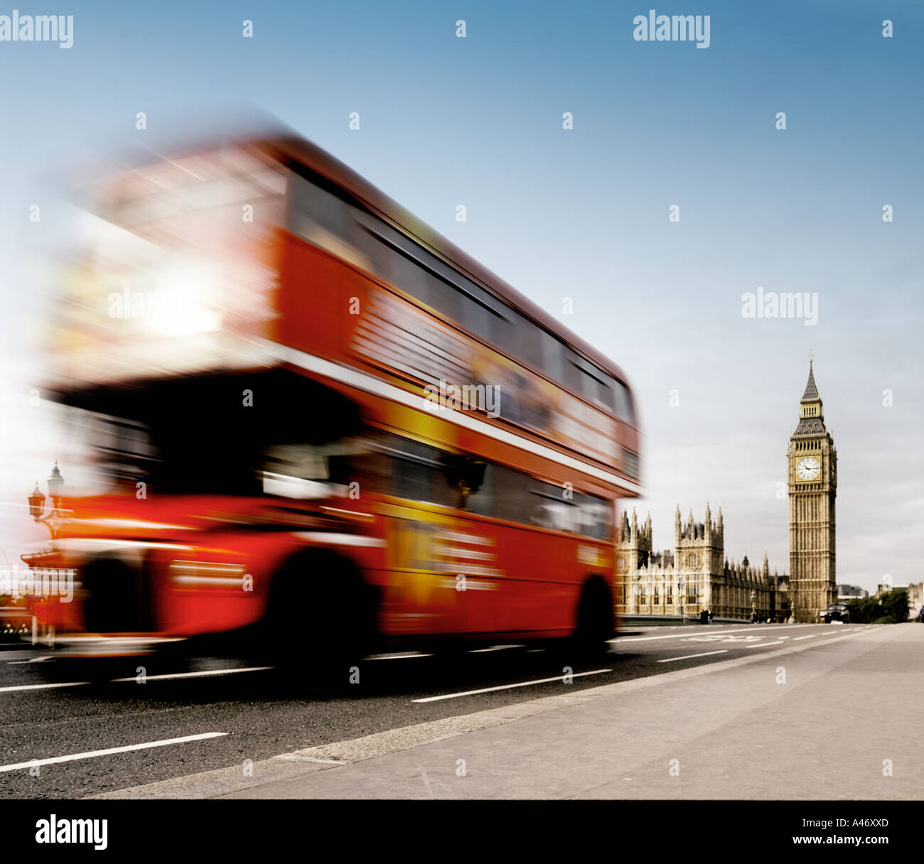A red London bus on Westminster Bridge, with Big Ben in the background ...