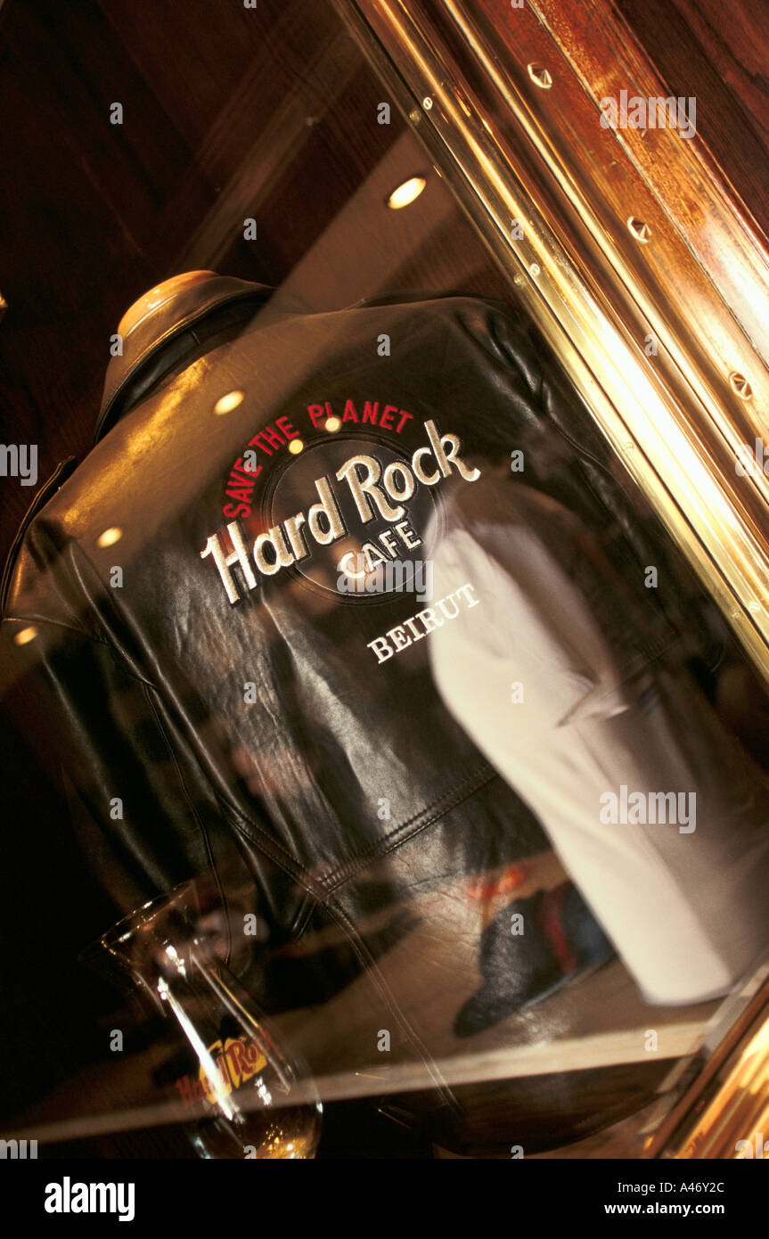 A leather jacket in the window of the Hard Rock Cafe in Beirut, Lebanon ...