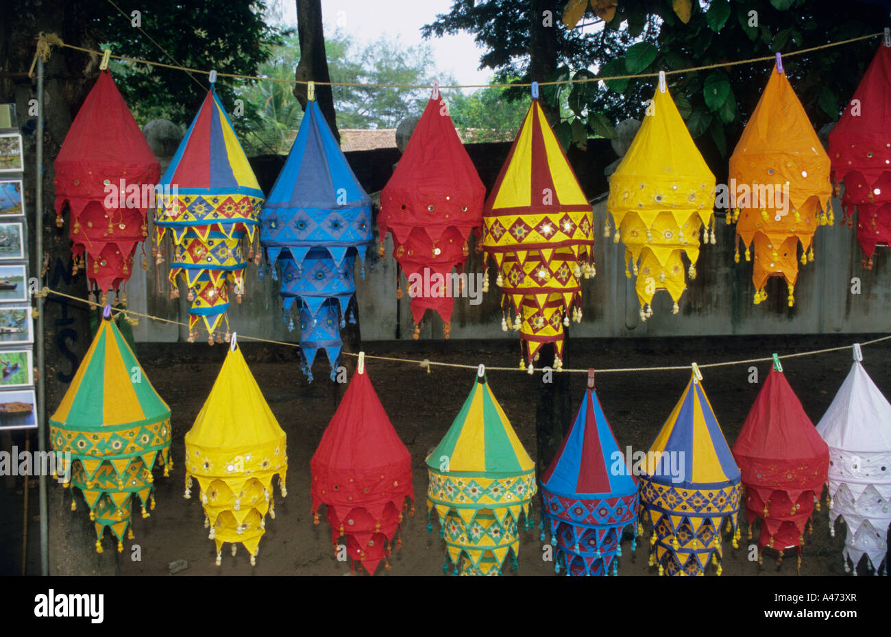Cloth Lamps at flee market hanged in two rows, Cochin Kerala, India ...