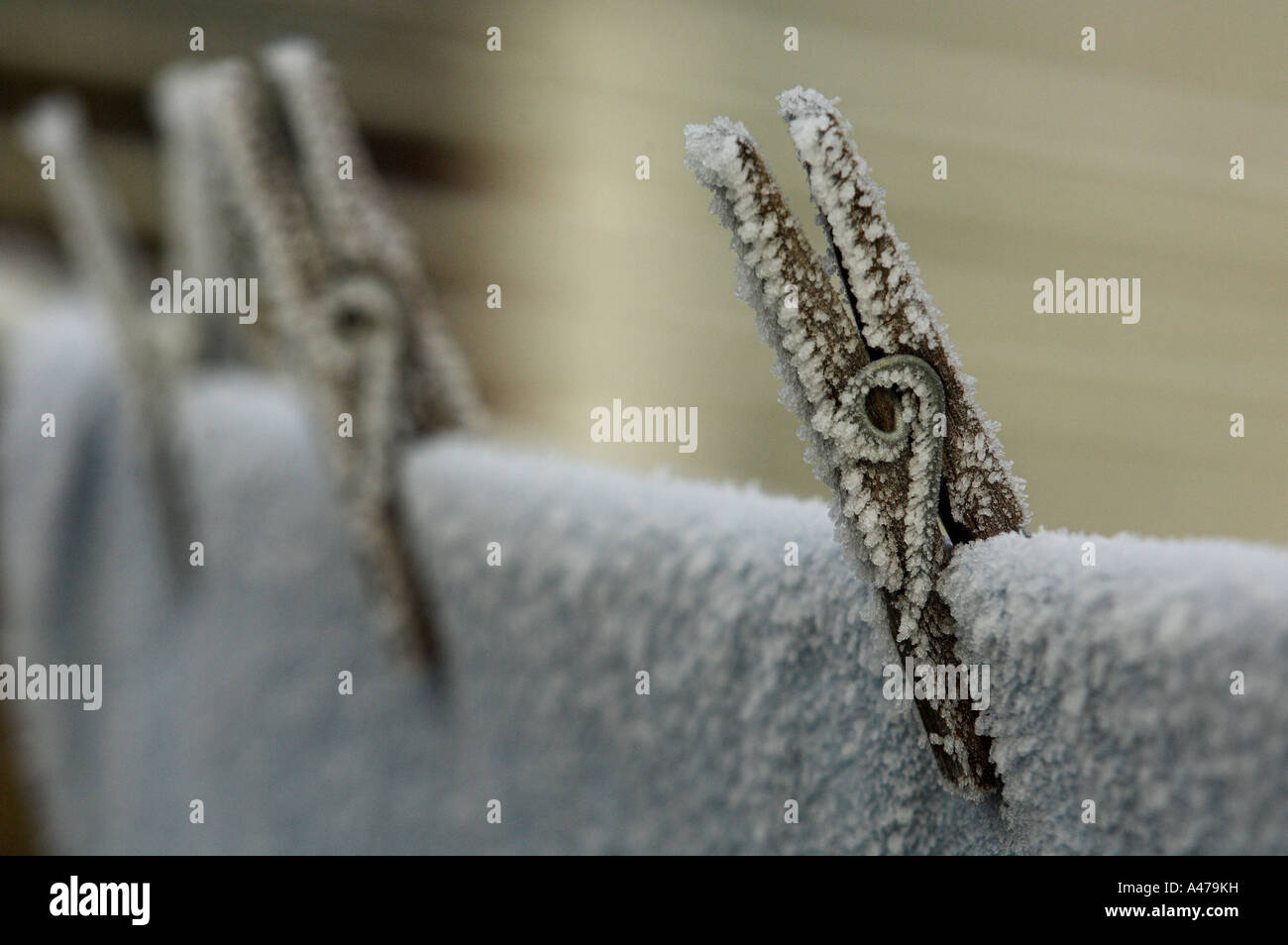 Frost on clothes peg on washing line Stock Photo - Alamy