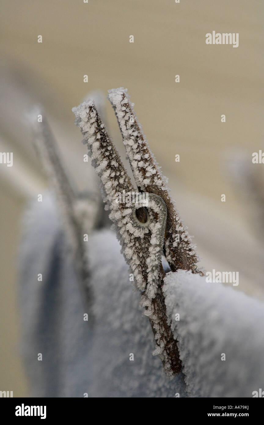 Frost on clothes peg on washing line Stock Photo - Alamy