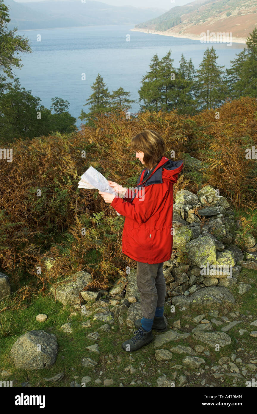 Walker reading map in countryside Stock Photo - Alamy
