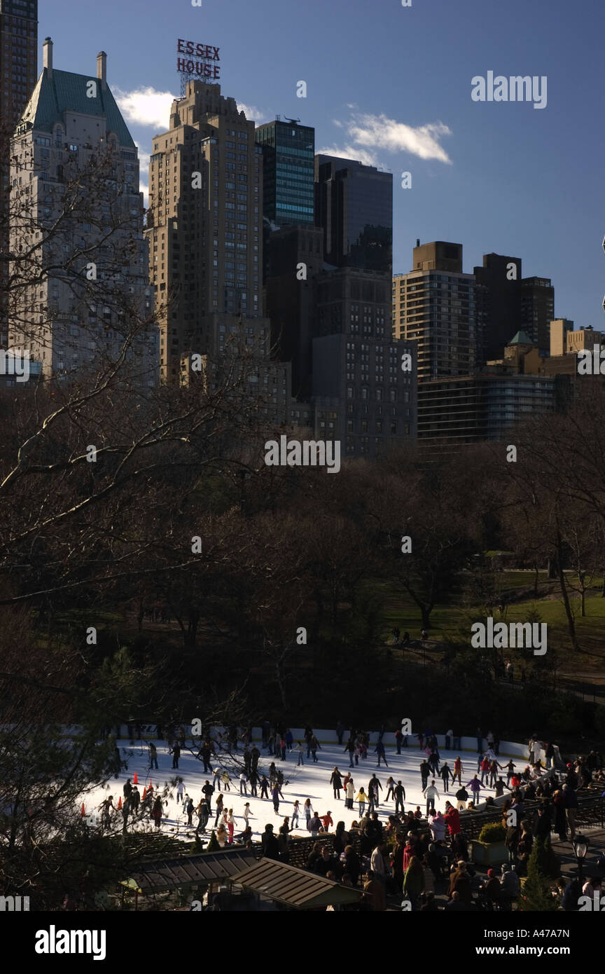 View of Central Park's Wollman Rink, with ice skaters below the New ...
