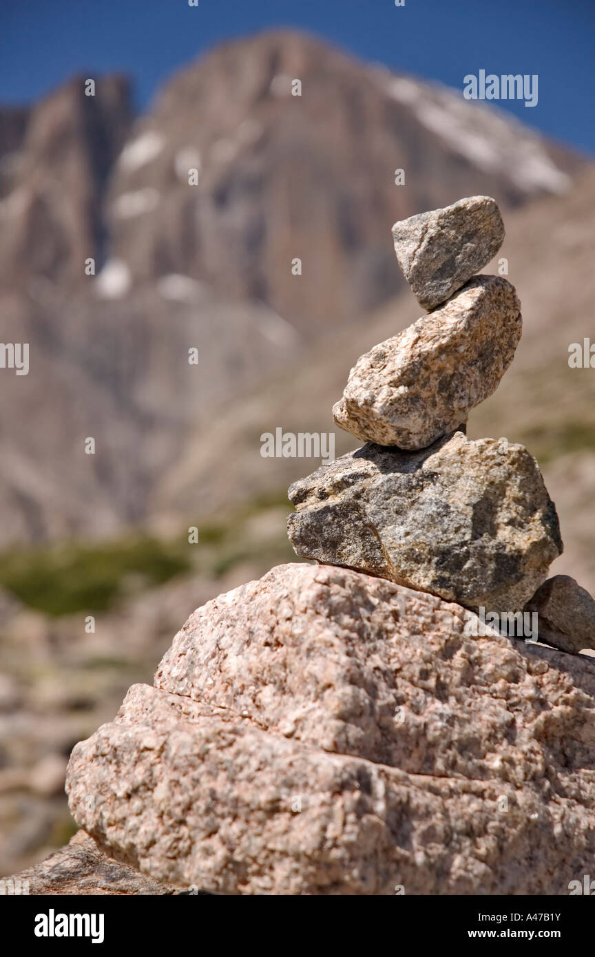 Rock cairn located at the trailside of the Longs Peak Trail, located in ...