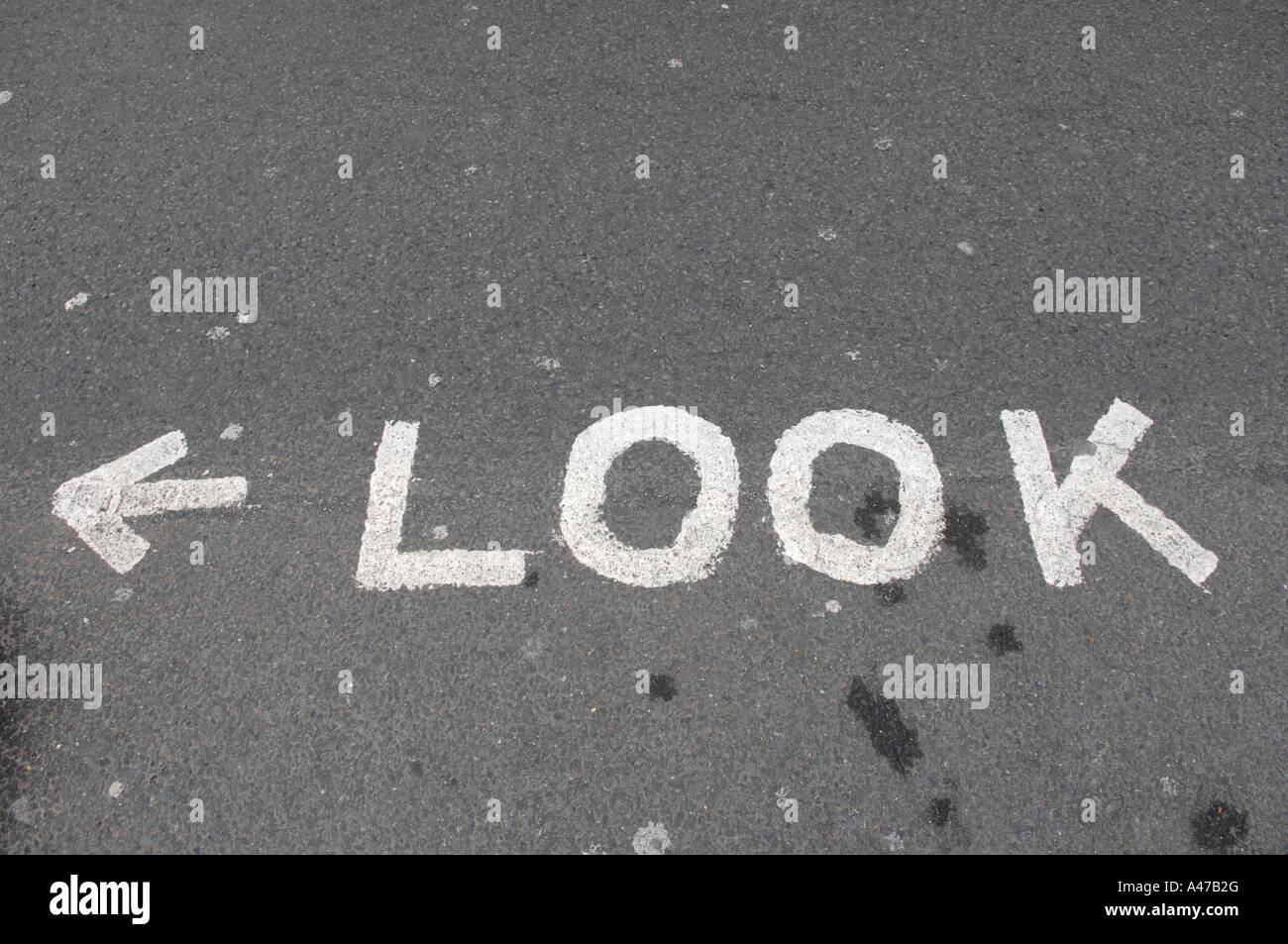 Look Left Road Pedestrian Sign in London at Road Crossing Stock Photo ...