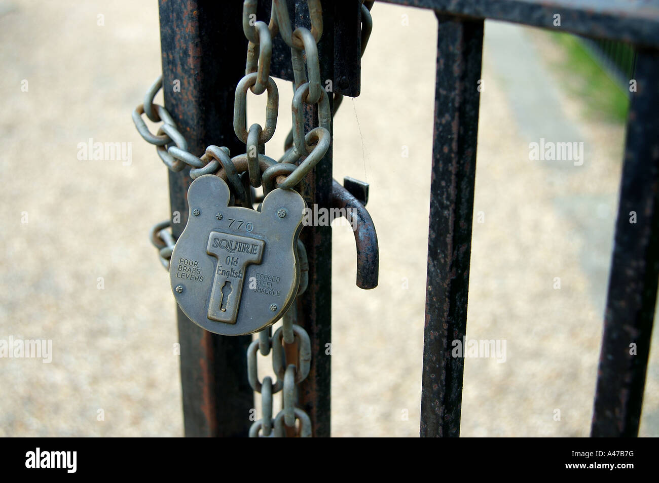 Padlock on iron gates with metal chain Stock Photo - Alamy