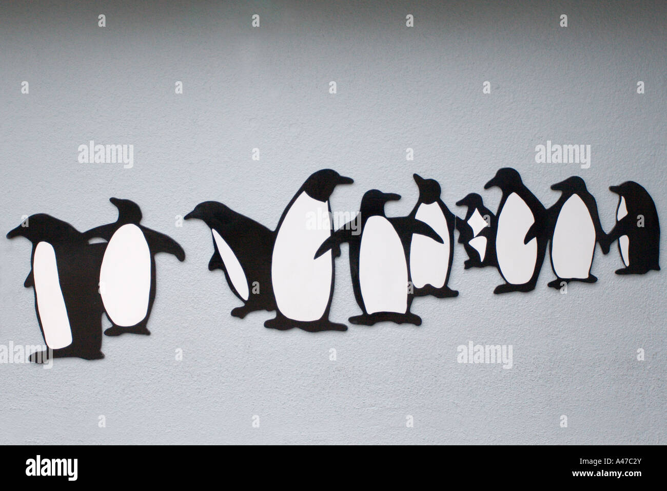 Wooden Painted Wall Mural of Multiple Penguins Stock Photo - Alamy