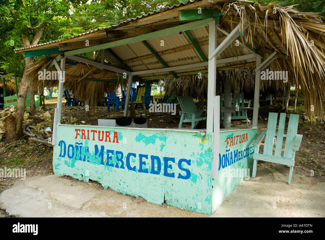 Empty fruit (frutura) stand in the early morning, Boca Chica, Dominican ...