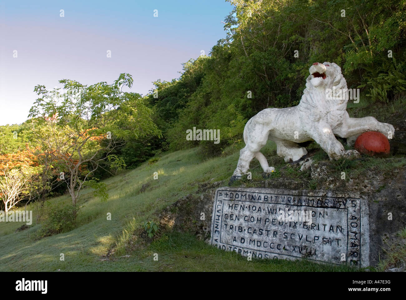 Stone Statue of Lion and Inscription, Gun Hill, St George, Barbados, 8/ ...