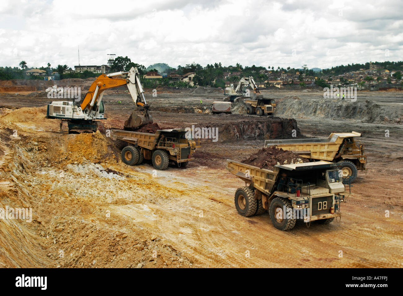 Dumper trucks being filled with gold ore body for transport from ...