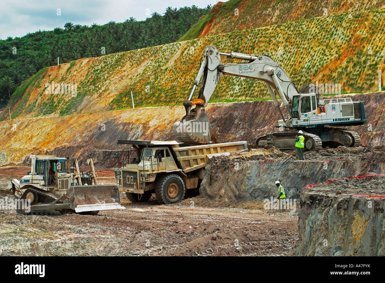 Dumper truck being filled with ore body from surface mine pit after ...
