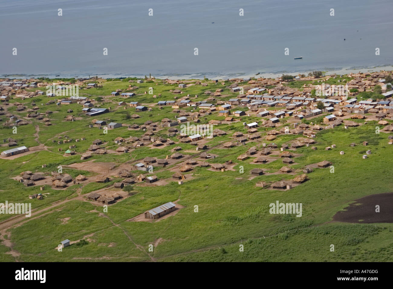 Aerial view of remote fishing community on shores of Lake Albert ...