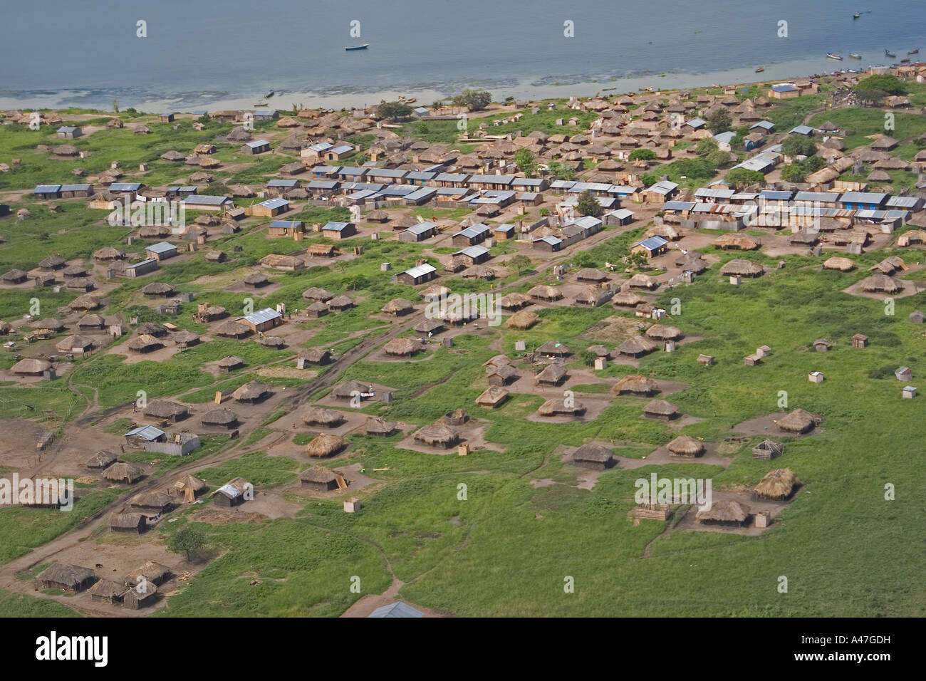 Aerial view of remote fishing community on shores of Lake Albert ...
