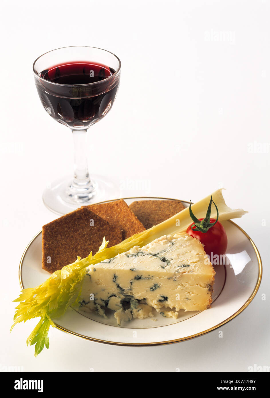 Traditional stilton cheese celery biscuits glass of port hi-res stock ...