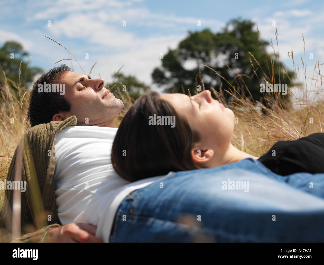 Couple sunbathing in field Stock Photo - Alamy