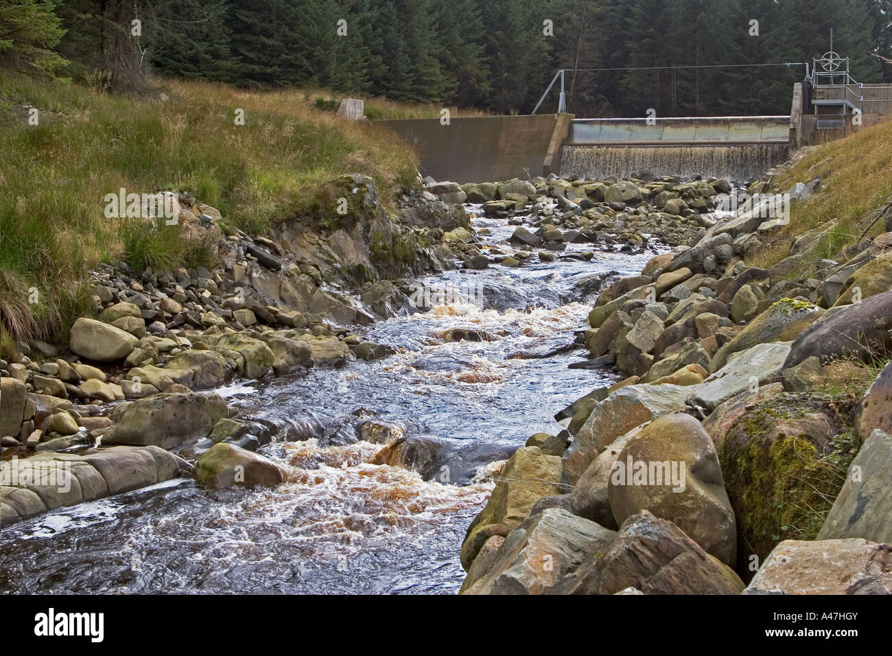 Weir of small scale hydro electric power scheme, Scotland UK Stock ...