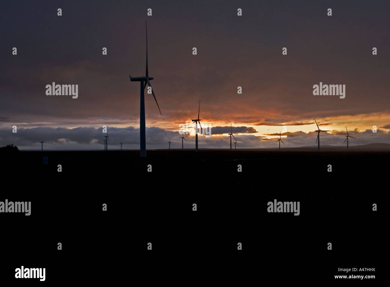 Wind power turbines at sunset, Causeymire wind farm, North Scotland, UK ...