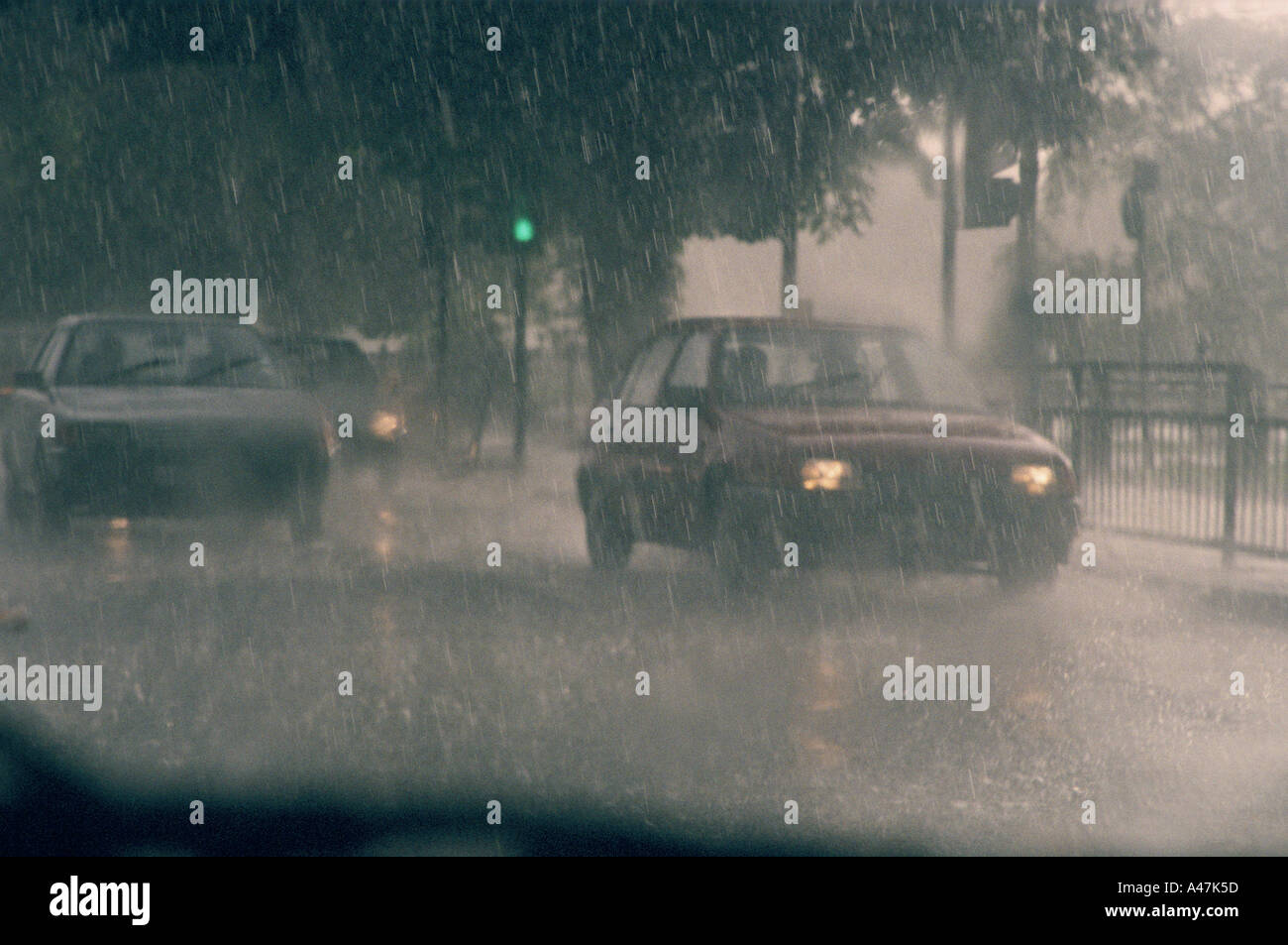 cars travel through heavy rain on a main road the traffic light is ...