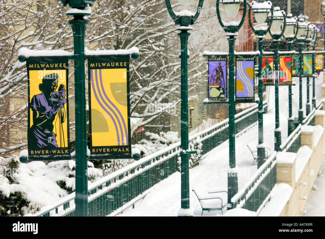 Banners on streetlamps along Milwaukee River Walk Milwaukee Wisconsin ...