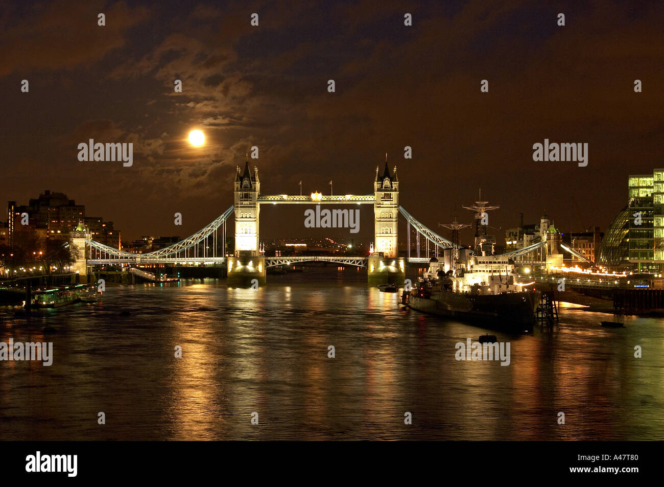 Full moon moonrise over River Thames with Tower Bridge and HMS Belfast ...