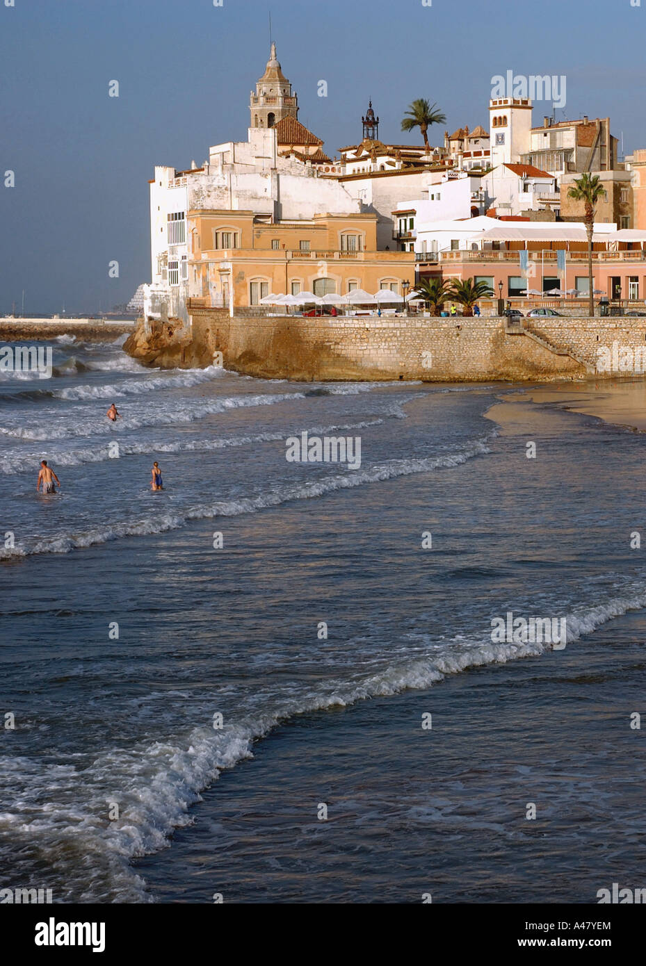 Panoramic view of the seafront & beach of Sitges Catalonia Catalunya ...